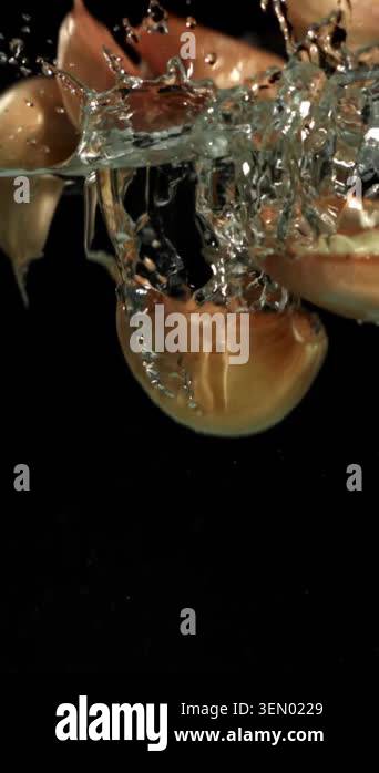 Garlic cloves fall under water. Filmed on a high-speed camera at 1000 ...
