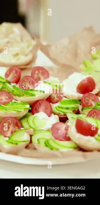 Plate Fresh Canaps With Avocado Tomatoes, Creamy Cheese And Basil In ...