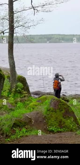 Solo Hiker With Orange Backpack, Navigating Mossy Boulders And Birch ...