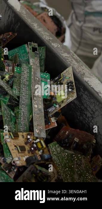 Piles Circuit Boards In Industrial Hopper, Dusty Green Pcbs Stacked ...