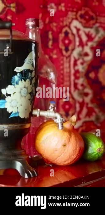 Vintage Samovar On Red Patterned Rug, Metal Urn Painted Florals With ...