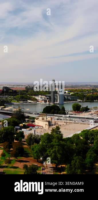 Aerial River Skyline Iconic Tower Midday Calm Waterfront With Modern ...
