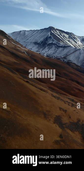 Autumn Mountain Valley With Snow Peaks, Drone Surveying Golden Slopes ...
