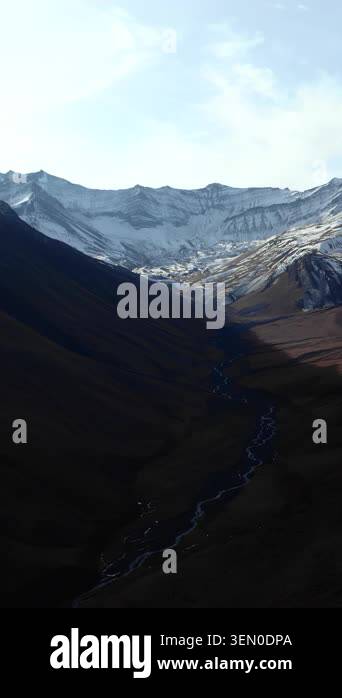 Autumn Mountain Valley With Snow Peaks, Drone Surveying Golden Slopes ...