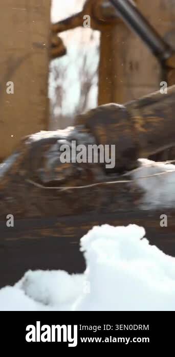 Excavator Arm Pushing Snow And Soil Into Pile, Close Shots Of Hydraulic ...