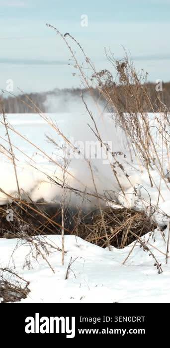 Snowy Plain With Erupting Steam Vent, Dense Vapor Billow, Scattered ...