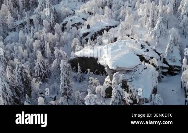 Aerial Frosty Cliff Edge Panorama With Heavy Snow Caps And Scattered ...