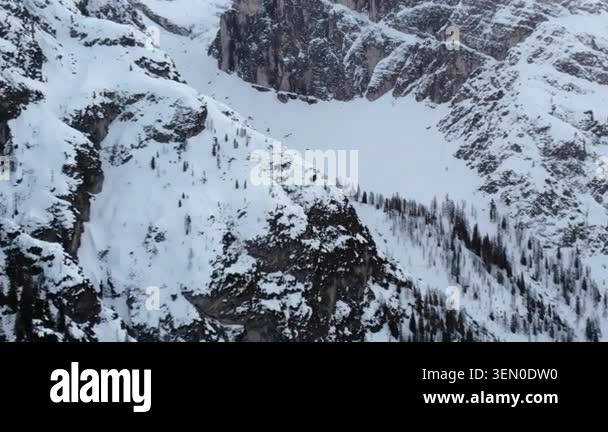 Snowy mountain cliffs with dark exposed rock, scattered evergreen trees ...