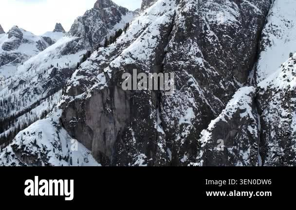 Snowy mountain cliffs with dark exposed rock, scattered evergreen trees ...