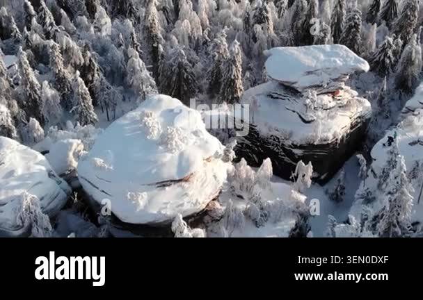 Aerial Frosty Cliff Edge Panorama With Heavy Snow Caps And Scattered ...