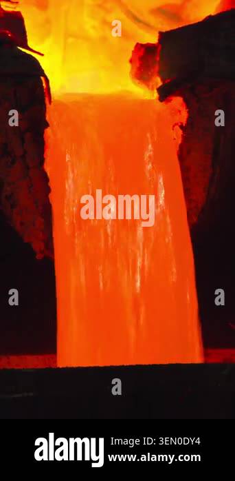 Bright Molten Metal Pouring Into Mold With Roaring Orange Flow, Green ...