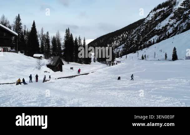 Aerial Frosty Cliff Edge Panorama With Heavy Snow Caps And Scattered ...