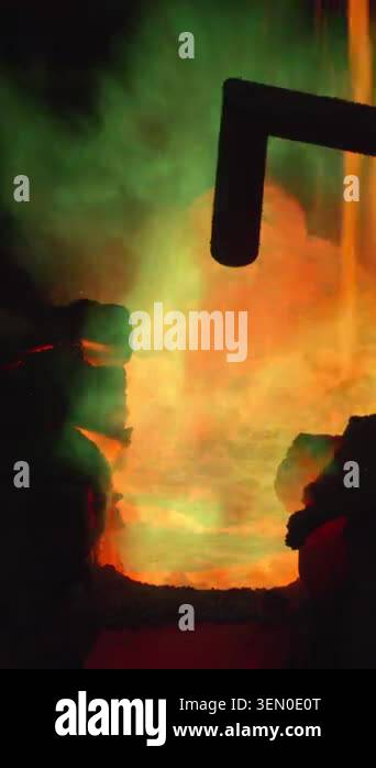 Fiery Molten Splash Under Green Flame And Venting Smoke, Dramatic Glow ...