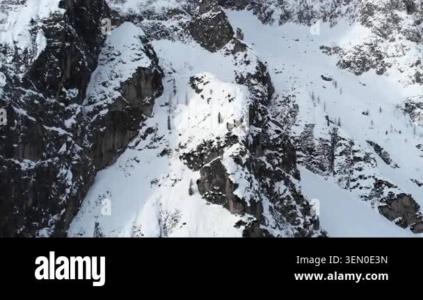 Aerial Frosty Cliff Edge Panorama With Heavy Snow Caps And Scattered ...