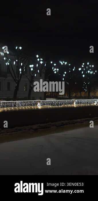 Snowy Canal Lined With Twinkling Trees, Calm Nighttime Promenade With ...