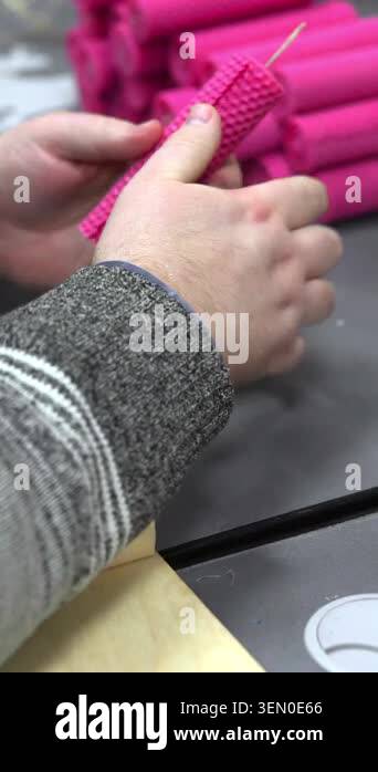 Closeup Hands Assembling Pink Foam Rollers On Workshop Table, Assembly ...