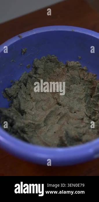 Blue Bowl With Wet Clay On Wooden Table, Coarse Gray Clay Mixture In ...