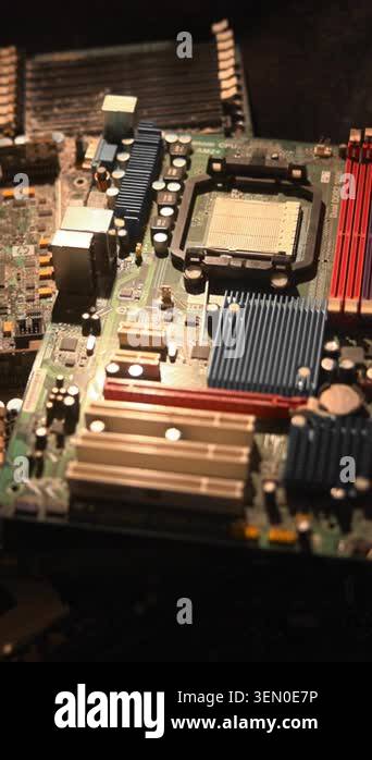 Closeup Motherboard On Black Cloth Showing Vintage Chipset, Sockets And ...