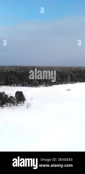 Aerial Winter Farmland Under Blue Sky, Open Snow Fields With Scattered ...
