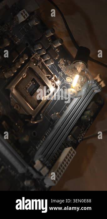 Exposed Motherboard Under Warm Bulbs, Closeup Of Processor Socket And ...
