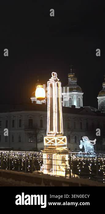 Bright Bridge Lights Cathedral Reflection Winter Evening With ...