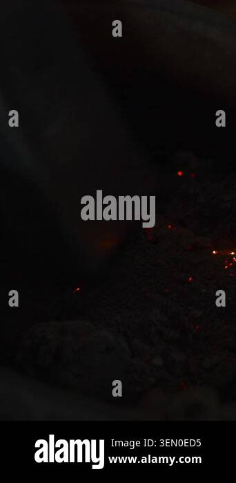 Smoldering Ash Glowing Inside Metal Brazier, Charcoal Residue And Tiny ...