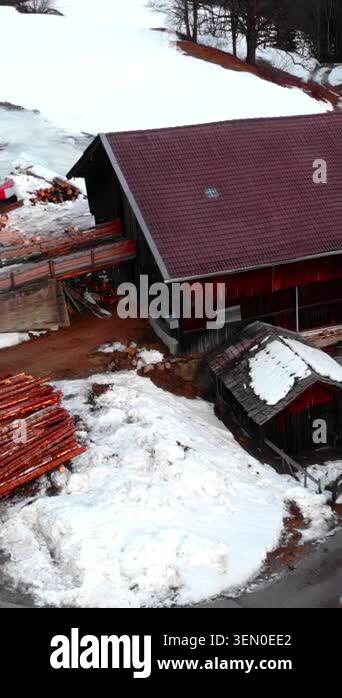 Aerial Drone View Snowy Sawmill Yard Stacked Timber And Planks Beside ...