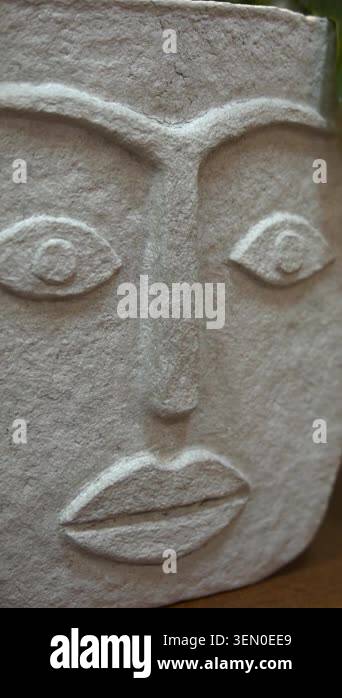 Stone Face Planter On Wooden Shelf, Textured Concrete Pot With Green ...