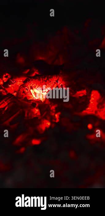 Glowing Charcoal Embers In Darkness, Red Coals Smoldering With Drifting ...