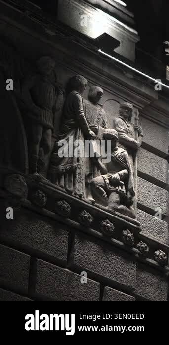 Dramatic Corner Relief At Night Closeup Revealing Expressive Carved ...