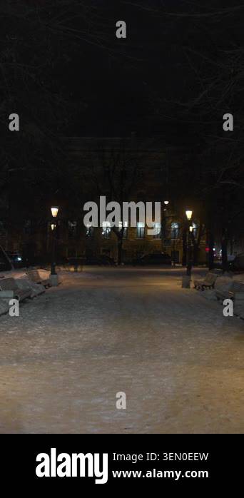 Snowy Park At Night, Glowing Lamps, Empty Urban Walkway Lined With ...