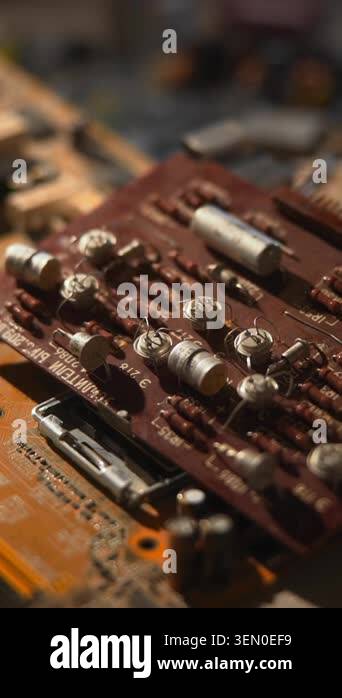 Closeup Circuit Board On Workbench Showing Capacitor Array And Traces ...
