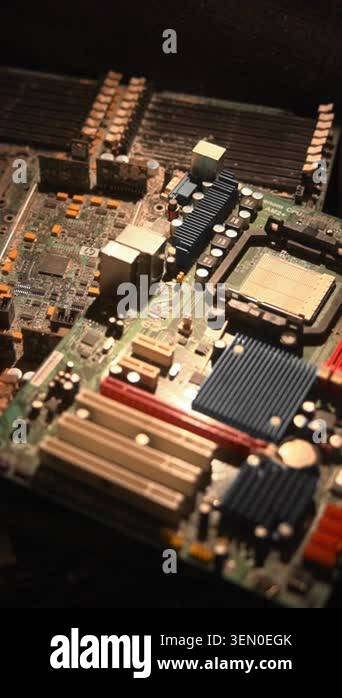 Closeup Motherboard On Dark Fabric Showing Socket, Heatsink And Ram ...