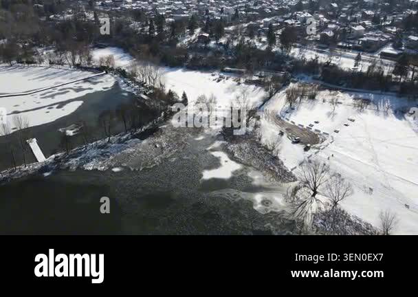 Aerial winter view of Pancharevo lake, Sofia city Region, Bulgaria ...