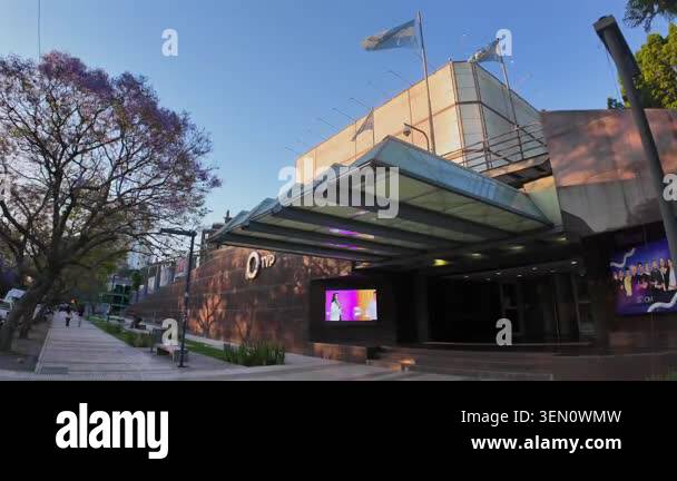 Facade and main entrance of TV Publica ex ATC with led screen and flags ...