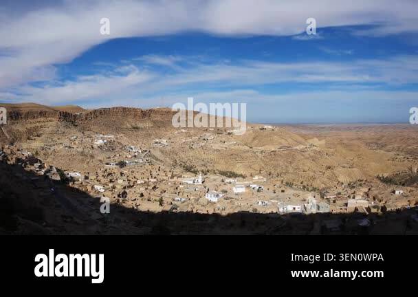 Panoramic view over Toujane village in southern Tunisia, traditional ...