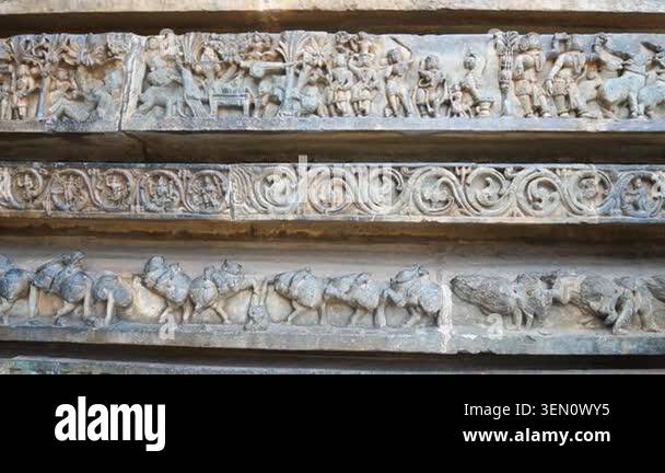 Detailed stone carving Halebeedu ancient temple Karnataka India showing ...