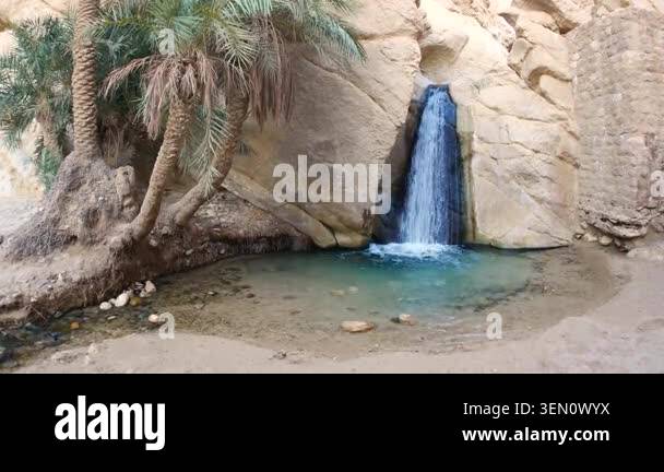 Chebika mountain oasis in Tunisia featuring small waterfall cascading ...