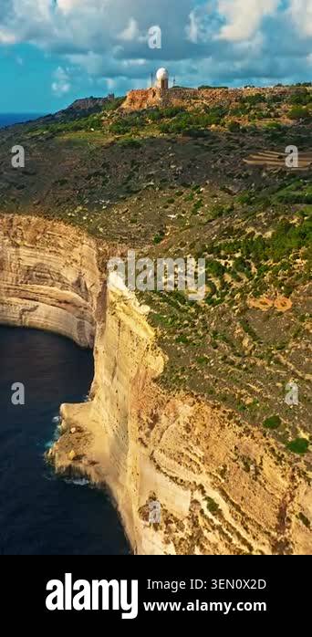 Aerial view of Dingli cliffs, Malta. Aerial view of rocks, hills, sea ...
