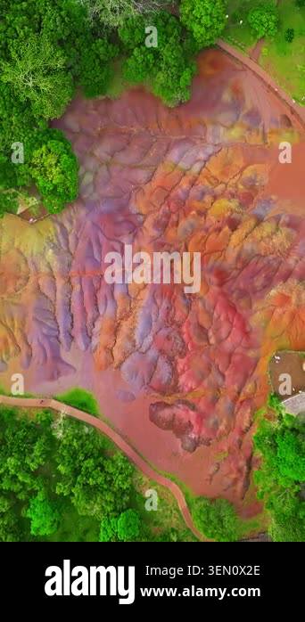 Aerial view of seven coloured earths on island Mauritius. Tourist ...