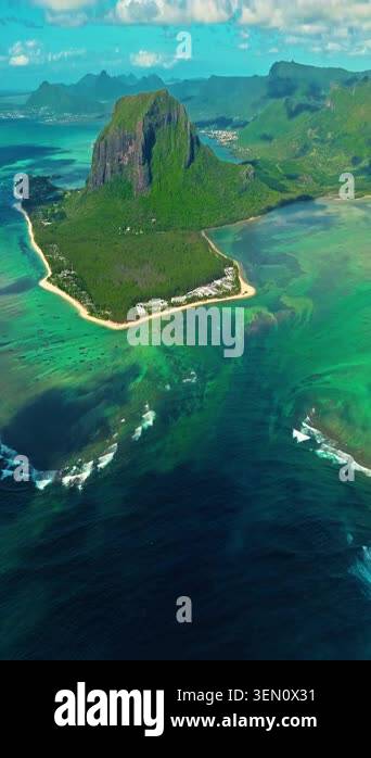 Aerial view of Le Morne Peninsula, Le Morne Brabant Mountain. Sea ...