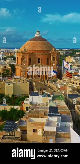 Aerial view of Mosta Church, famous remarkable wartime miracle ...