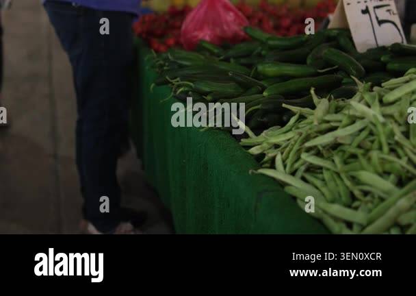 Shopper inspects long green cucumbers and beans, closeup of produce and ...
