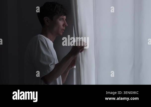 Paranoia and anxiety concept with suspicious person carefully looking ...