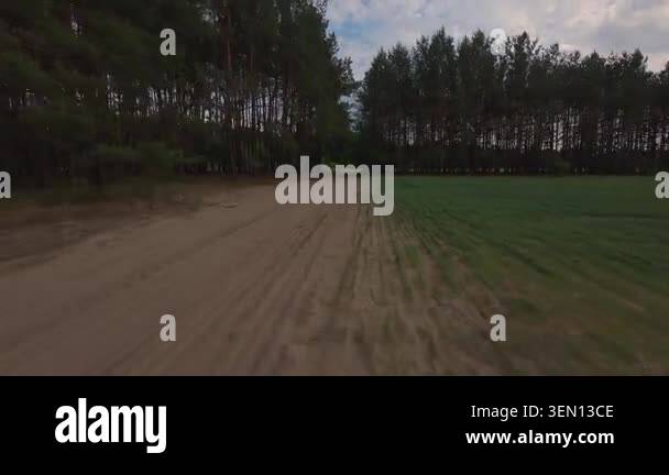Aerial drone footage moving over cultivated green fields bordered by ...