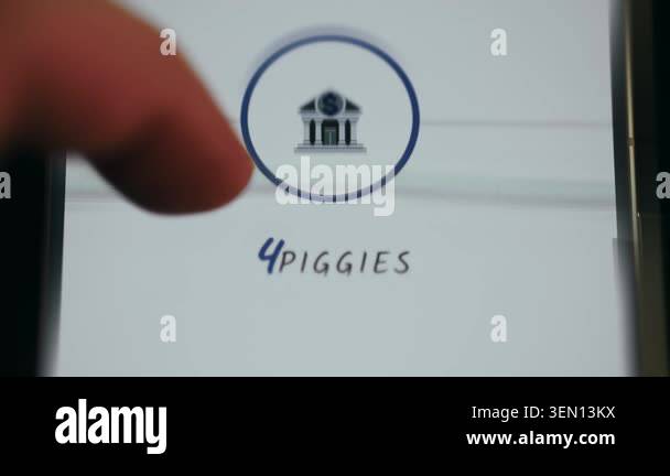 bank building icon enclosed within a circle and text 4 Piggies Stock ...