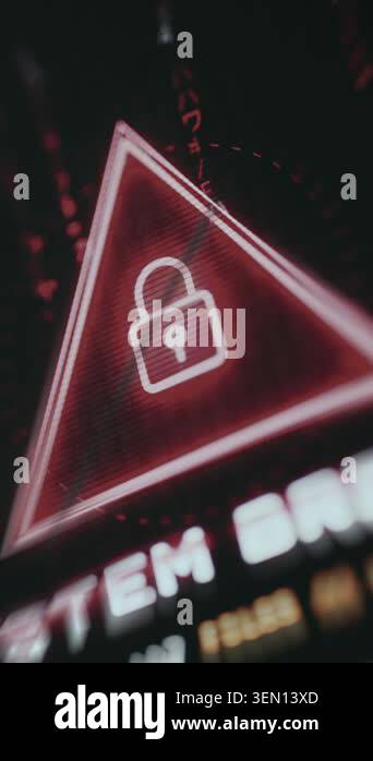 Glowing red triangle warning sign with a padlock icon representing ...