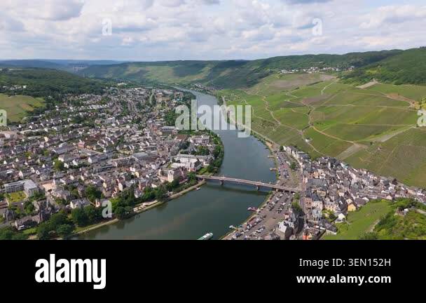 Moselle Valley, aerial view of mosel river, Landshut castle and ...