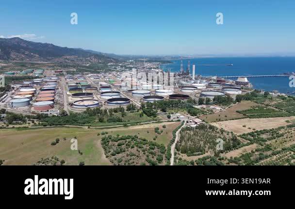 Oil Refinery and Storage Tanks Along the Coast of Sardinia,Aerial View ...