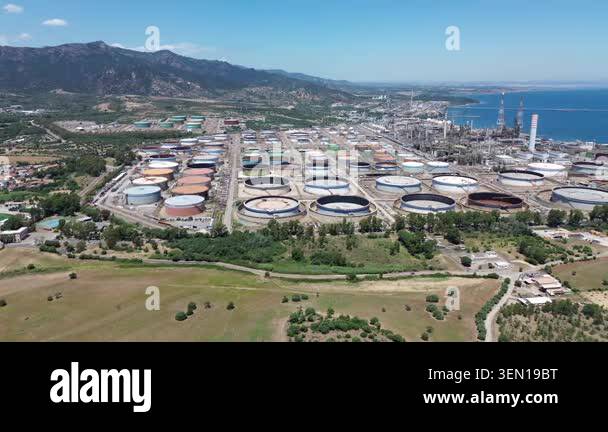 Oil Refinery and Storage Tanks Along the Coast of Sardinia,Aerial View ...
